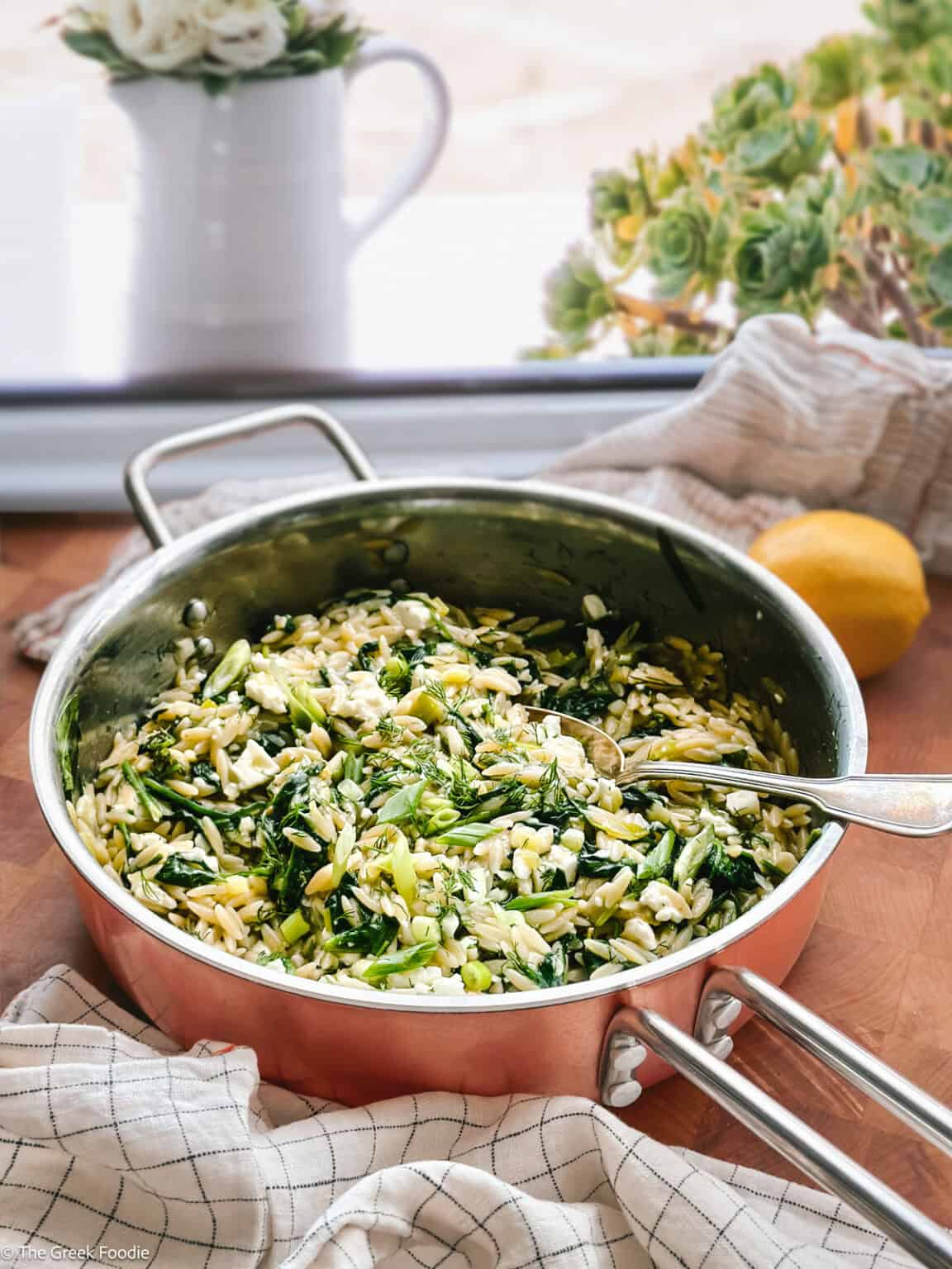 Orzo with Spinach and Feta (Warm Dish or Cold Salad) - The Greek Foodie